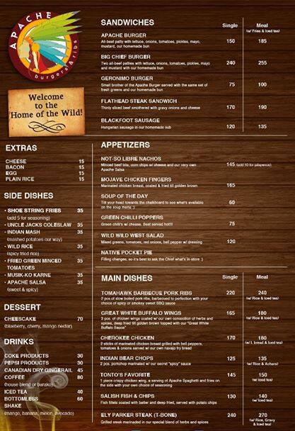 Menu at Apache burgers & Ribs restaurant, Parañaque