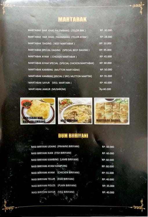 Menu at Martabak Har restaurant, Jakarta, Hayam Wuruk street no. 19