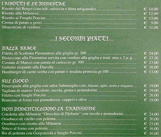 Carta de pizzería Taverna del Borgo Antico, Milan