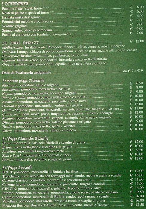 Carta de pizzería Taverna del Borgo Antico, Milan