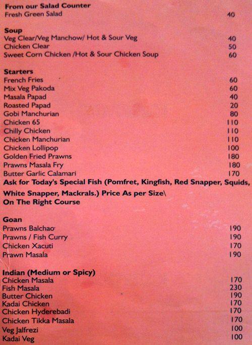 Menu at Taste Of Paradise, Dona Paula
