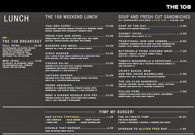 Menu at The 108 pub & bar, Dublin