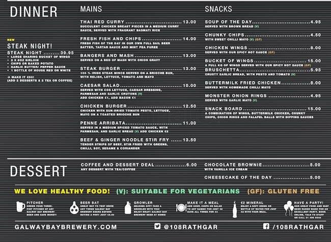 Menu at The 108 pub & bar, Dublin