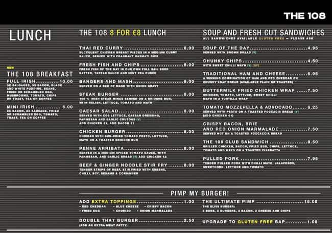 Menu at The 108 pub & bar, Dublin