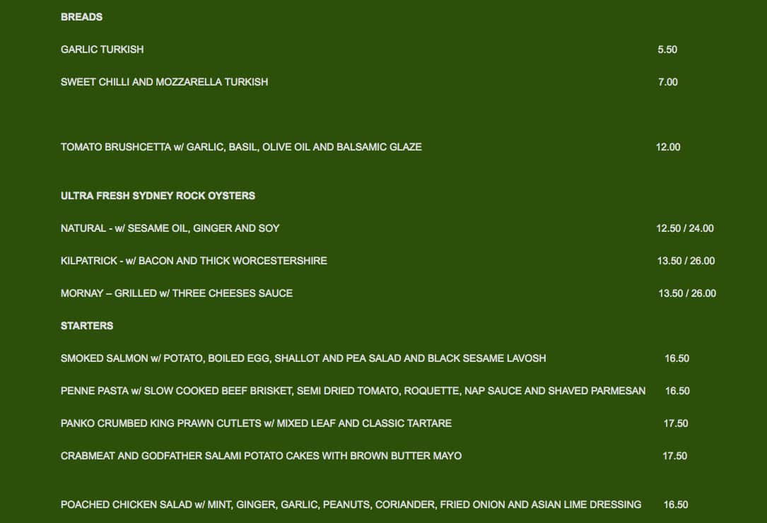 Menu at Oatley RSL & Community Club Ltd, Oatley