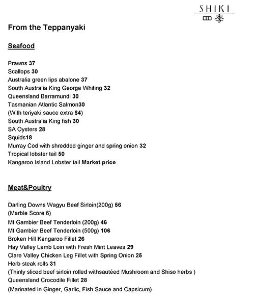 Menu at Shiki Japanese Restaurant, Adelaide, Upper Lobby
