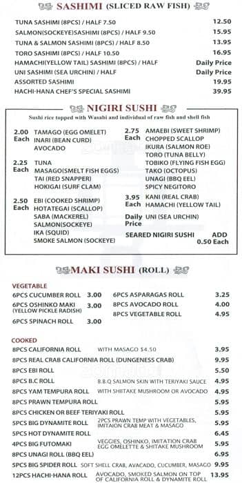 Menu at Hachi Hana Japanese Restaurant, North Vancouver