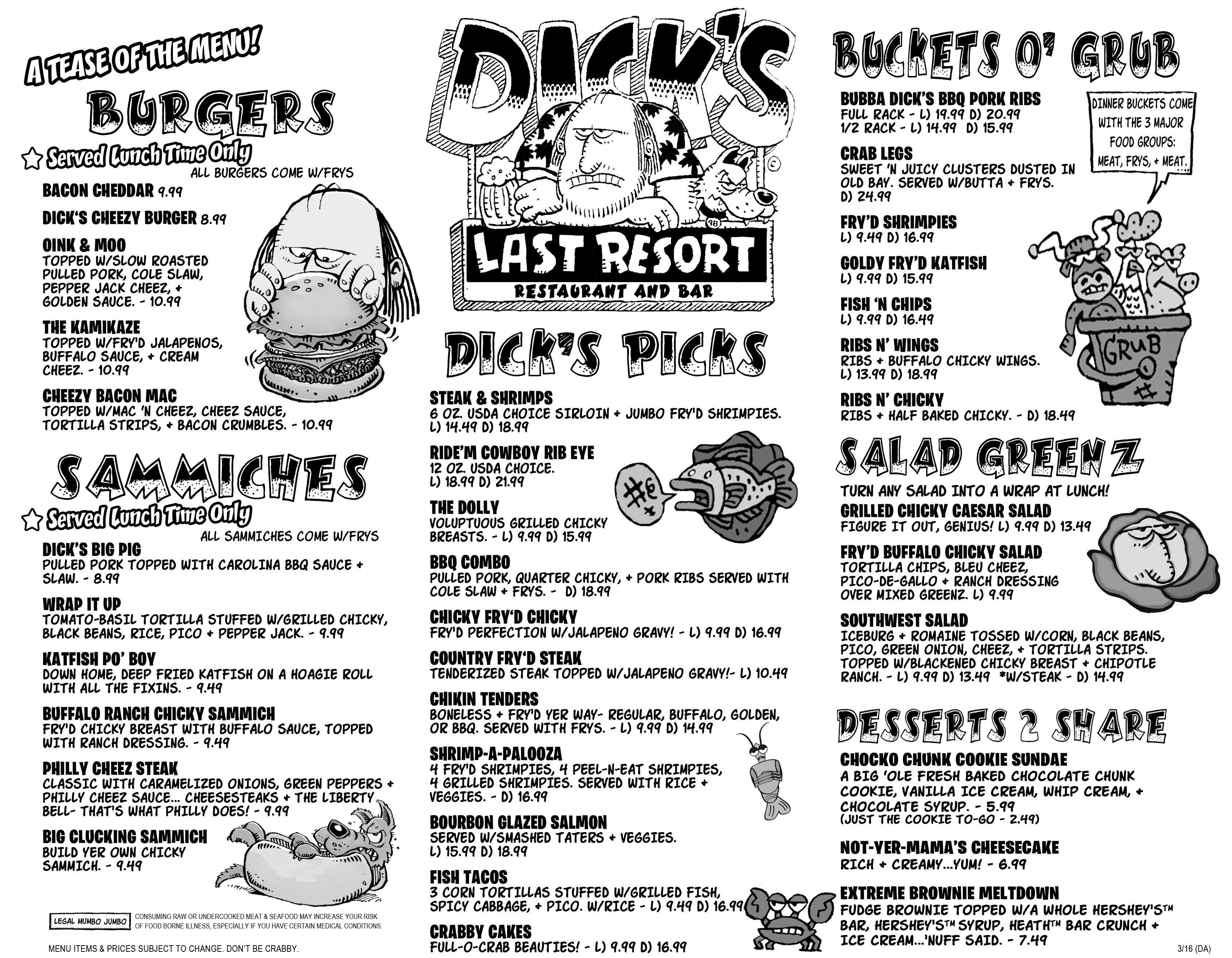 Menu at Dick's Last Resort - Dallas pub & bar, Dallas