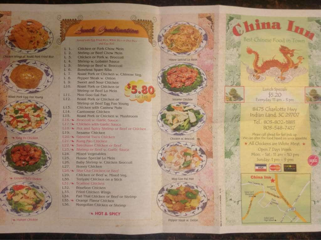Menu at China Inn restaurant, Fort Mill, Charlotte Hwy