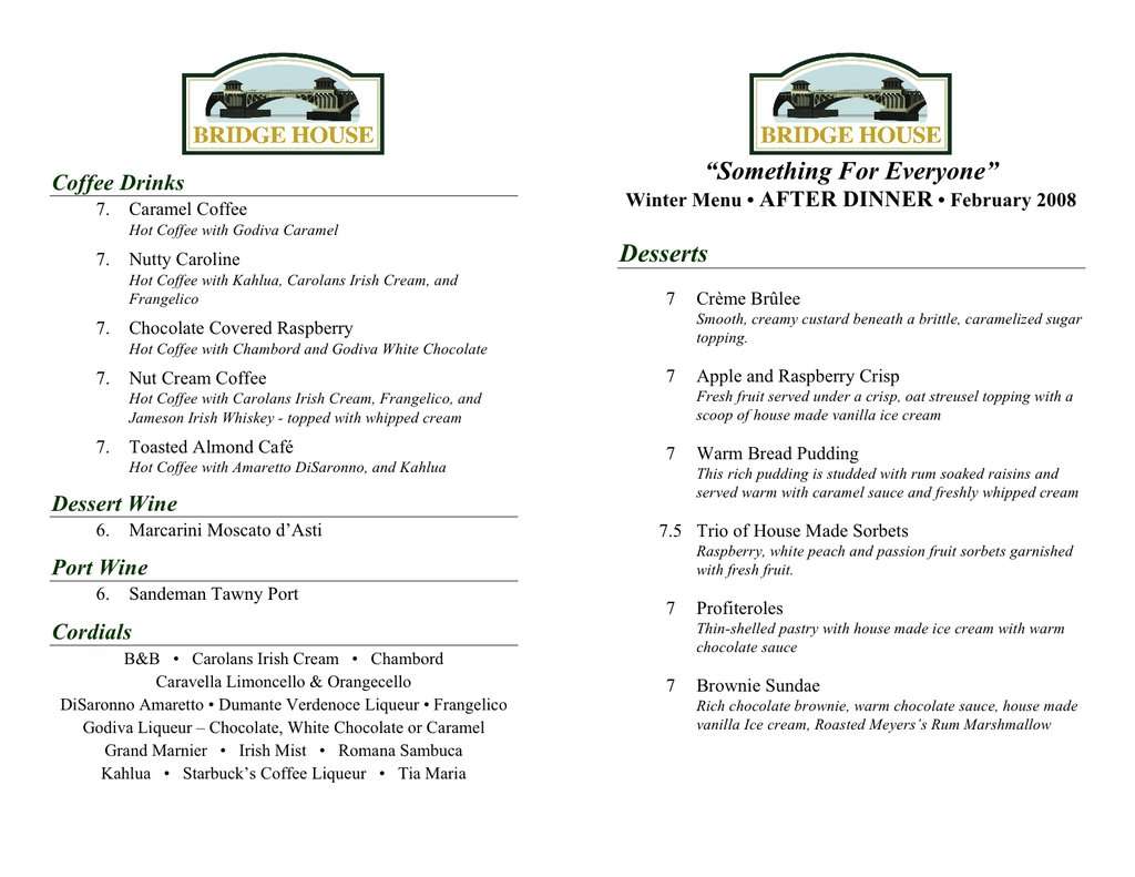 Menu at Bridge House Restaurant, Milford