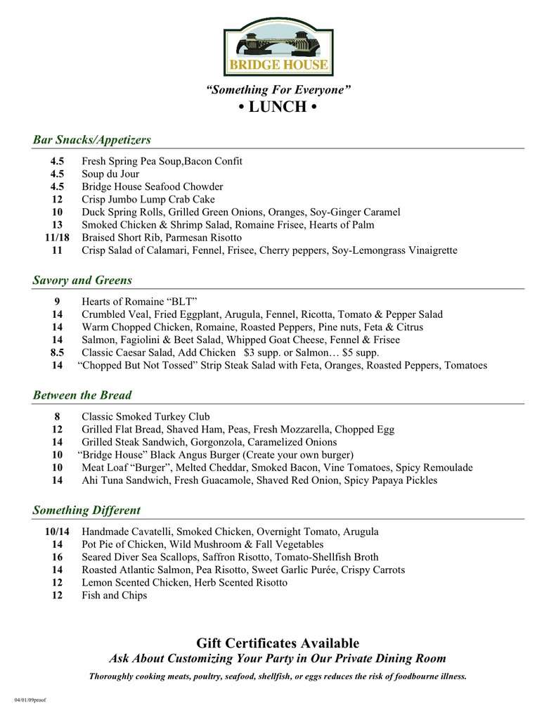 Menu at Bridge House Restaurant, Milford