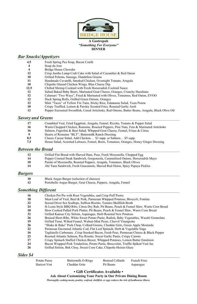 Menu at Bridge House Restaurant, Milford