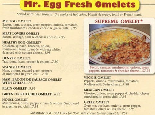 Menu at Mr. Egg restaurant, Denver