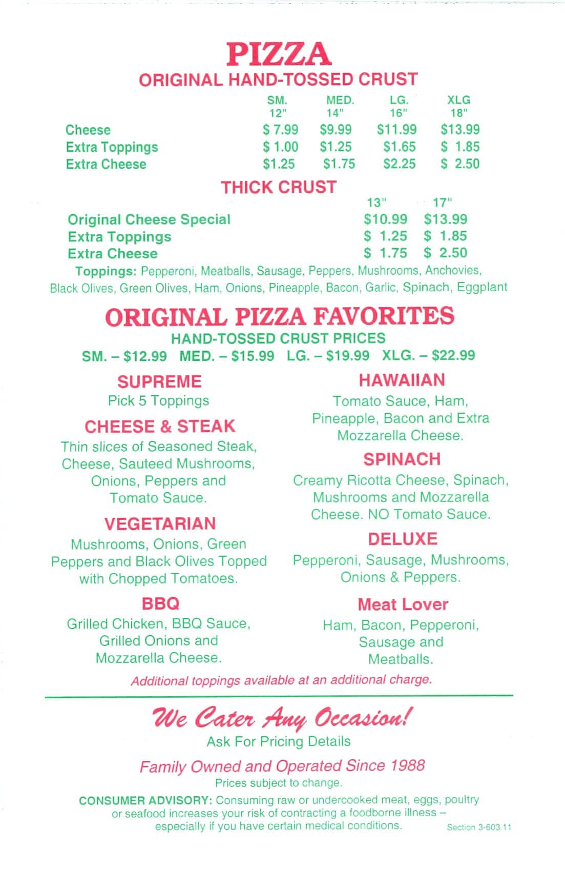 Menu at Original Pizza & Restaurant, Indian Shores