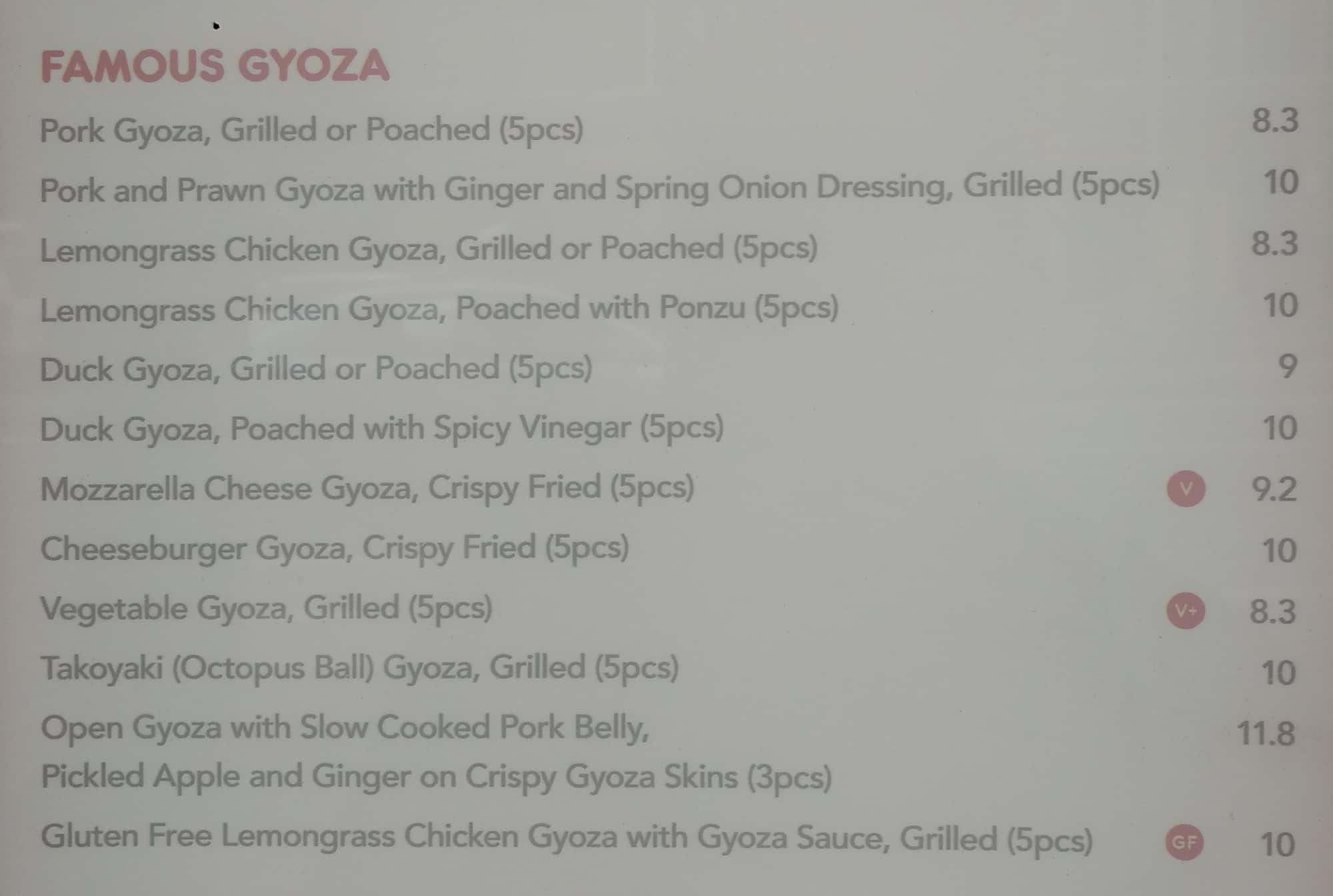 Menu at Harajuku Gyoza Albert Lane fast food, Brisbane City, 141 Queen St