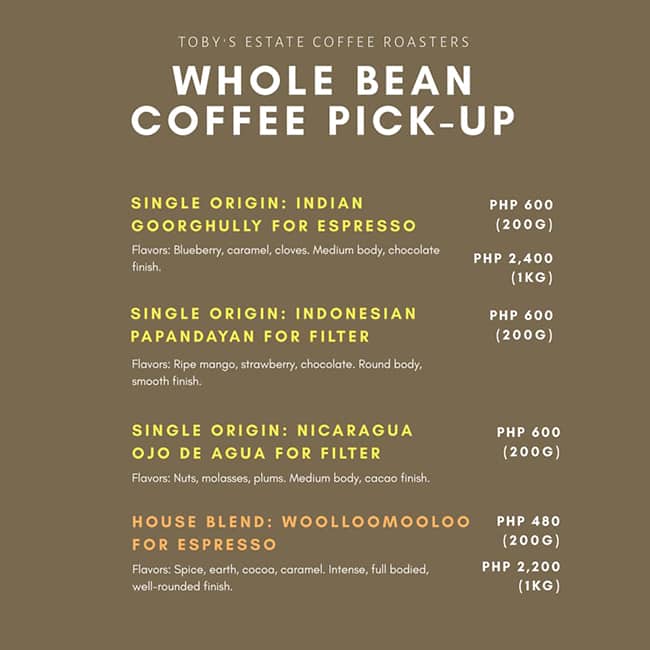 Menu at Toby's Estate Coffee Roasters cafe, Makati, 2314 Chino Roces Ave