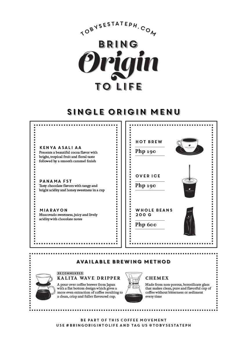 Menu at Toby's Estate Coffee Roasters cafe, Makati, 2314 Chino Roces Ave