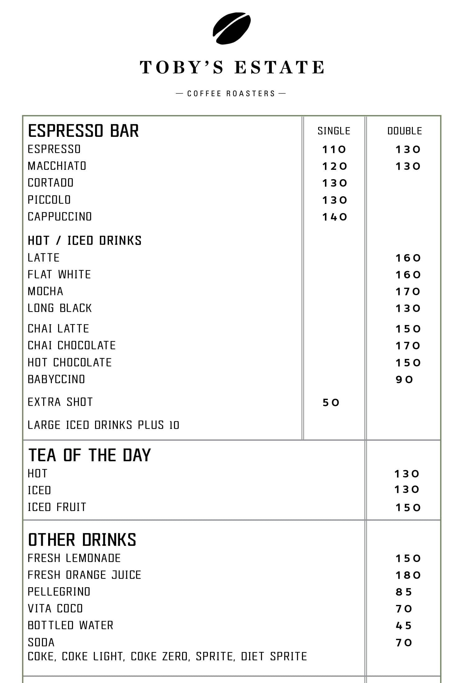 Menu at Toby's Estate Coffee Roasters cafe, Makati, 2314 Chino Roces Ave
