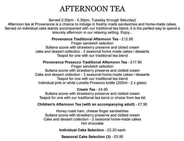 Menu at Provenance Food Hall & Restaurant, Westhoughton