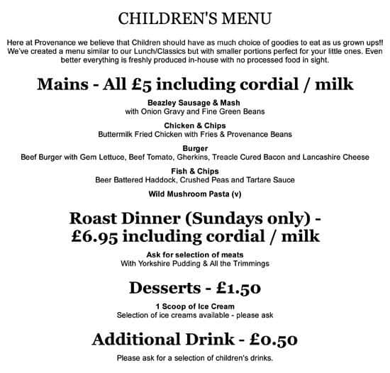 Menu at Provenance Food Hall & Restaurant, Westhoughton