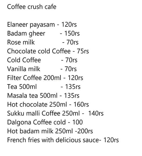 Menu of Coffee Crush Cafe, Kolathur, Chennai