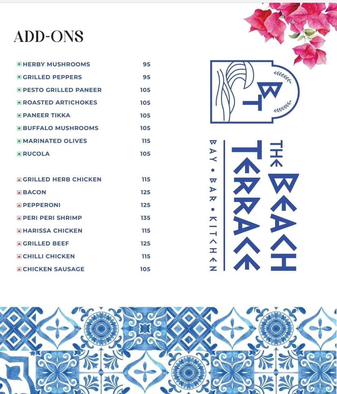 Menu of The Beach Terrace, Injambakkam, Chennai