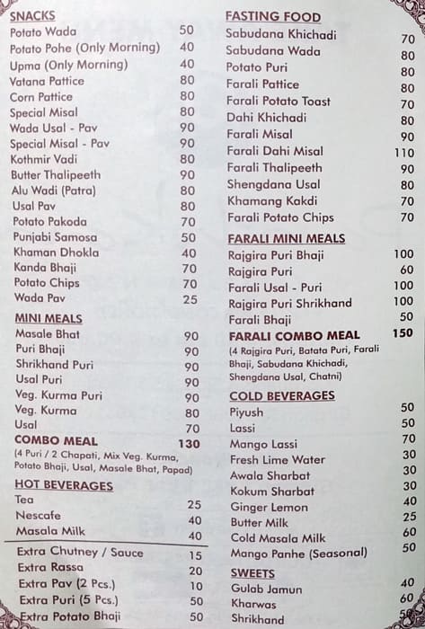 Menu of Panshikar, Girgaum, Mumbai