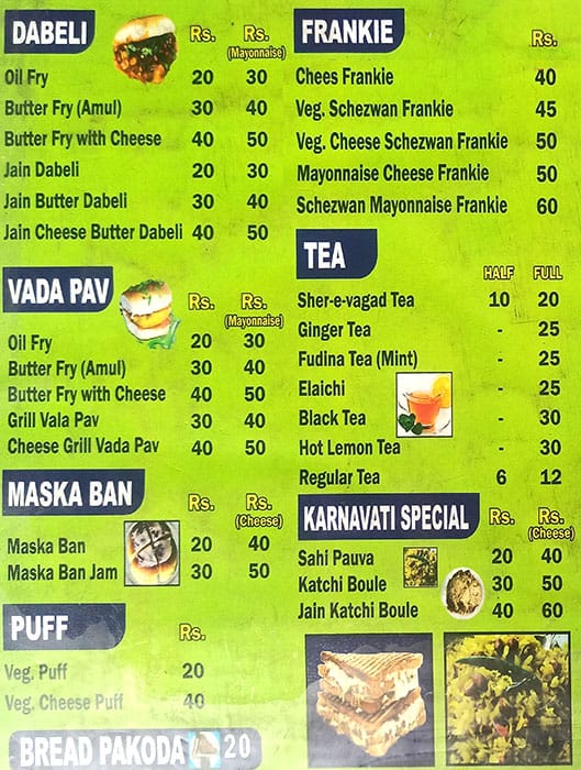Menu at Karnavati Dabeli Center, Surat, LG-5-A