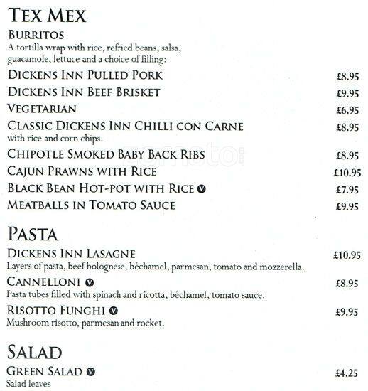 Menu at The Dickens Inn pizzeria, London, St Katherine's Way