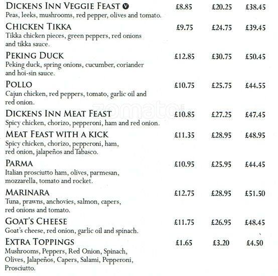 Menu at The Dickens Inn pizzeria, London, St Katherine's Way