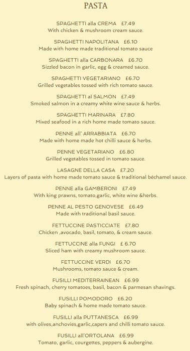 Menu at Pasticcio London restaurant, London, 16 Northways Parade