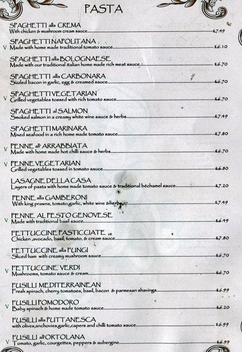 Menu at Pasticcio London restaurant, London, 16 Northways Parade