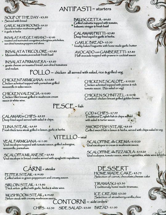 Menu at Pasticcio London restaurant, London, 16 Northways Parade