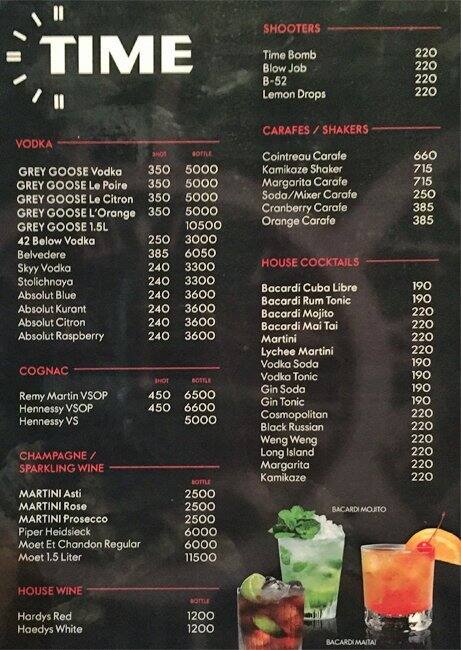 Menu at Time club, Makati