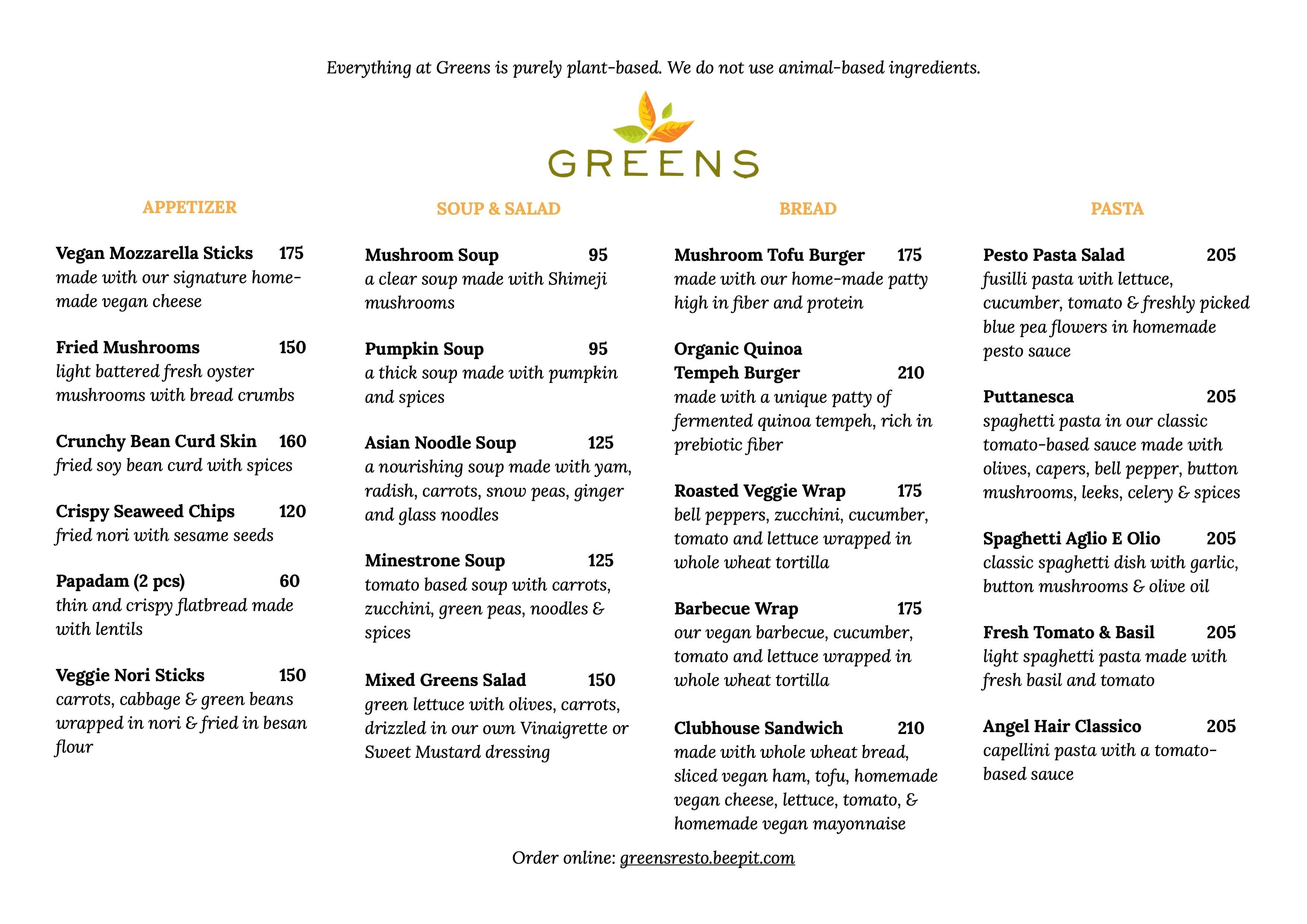 Menu at Greens Plant Based Vegan Restaurant QC, Quezon City, 104 Sct ...