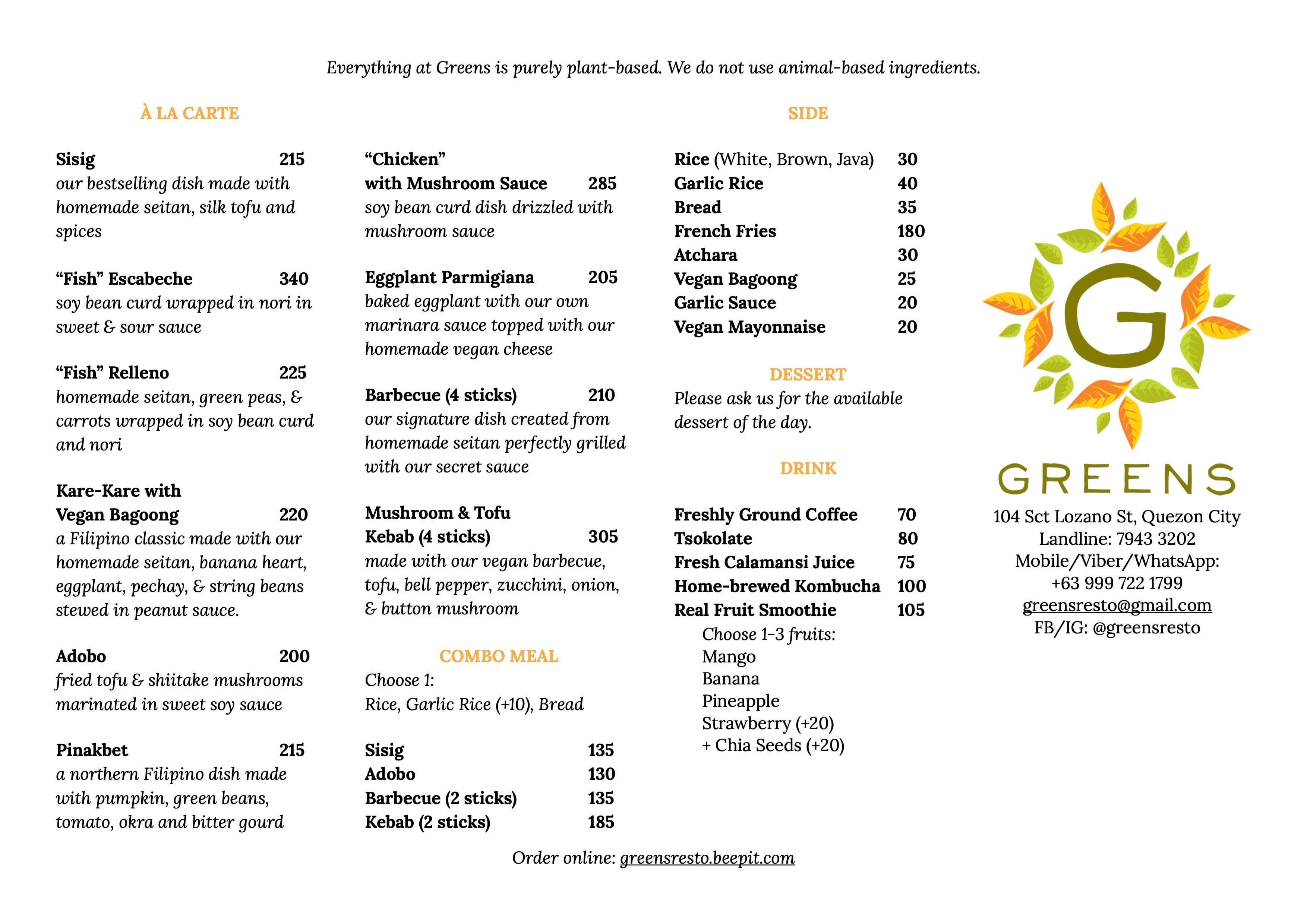 Menu at Greens Plant Based Vegan Restaurant QC, Quezon City, 104 Sct ...