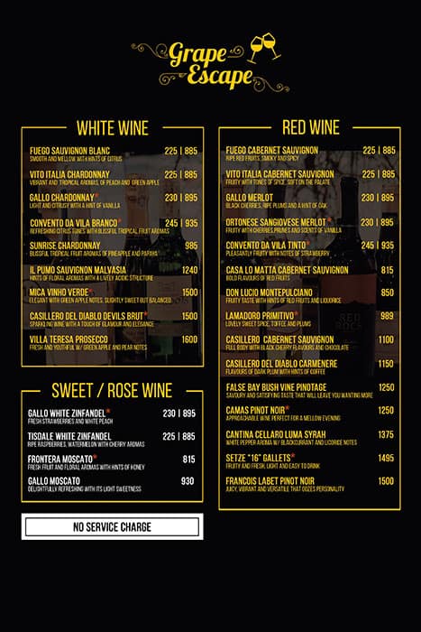 Menu at Grape Escape pub & bar, Quezon City, 99 Maginhawa Street