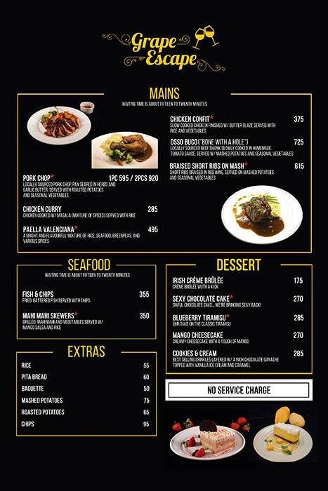 Menu at Grape Escape pub & bar, Quezon City, 99 Maginhawa Street