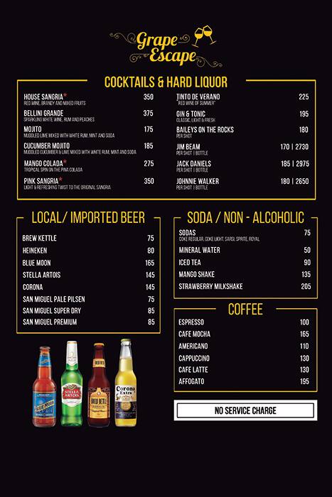 Menu at Grape Escape pub & bar, Quezon City, 99 Maginhawa Street