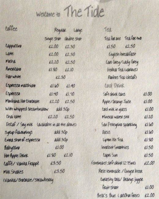 Menu at The Tide cafe, Edinburgh