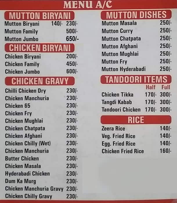 Menu at Victoria Hotel, Hyderabad, 9F5H+8PW