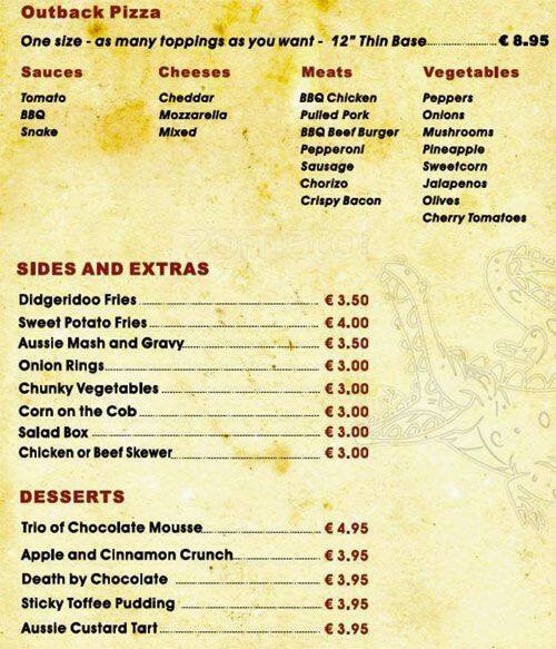 Menu at Aussie Outback restaurant, Dublin