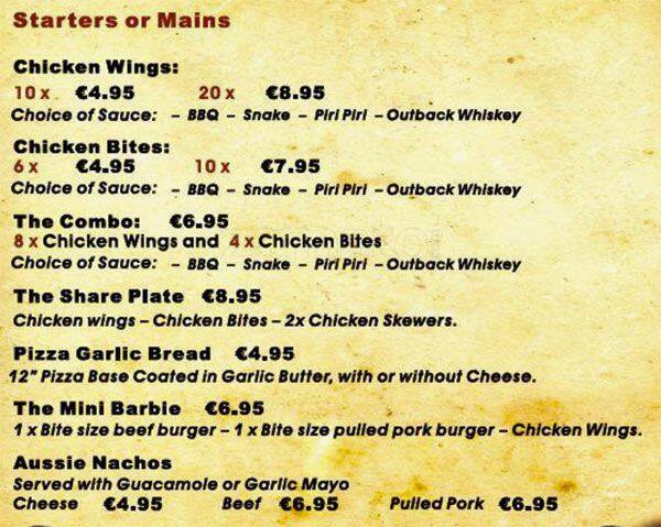 Menu at Aussie Outback restaurant, Dublin