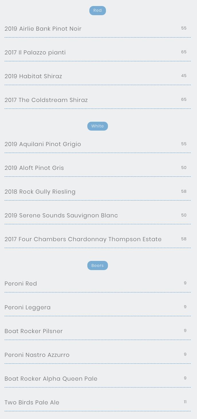 Menu at Ciao Cielo restaurant, Port Melbourne, 115 Bay St