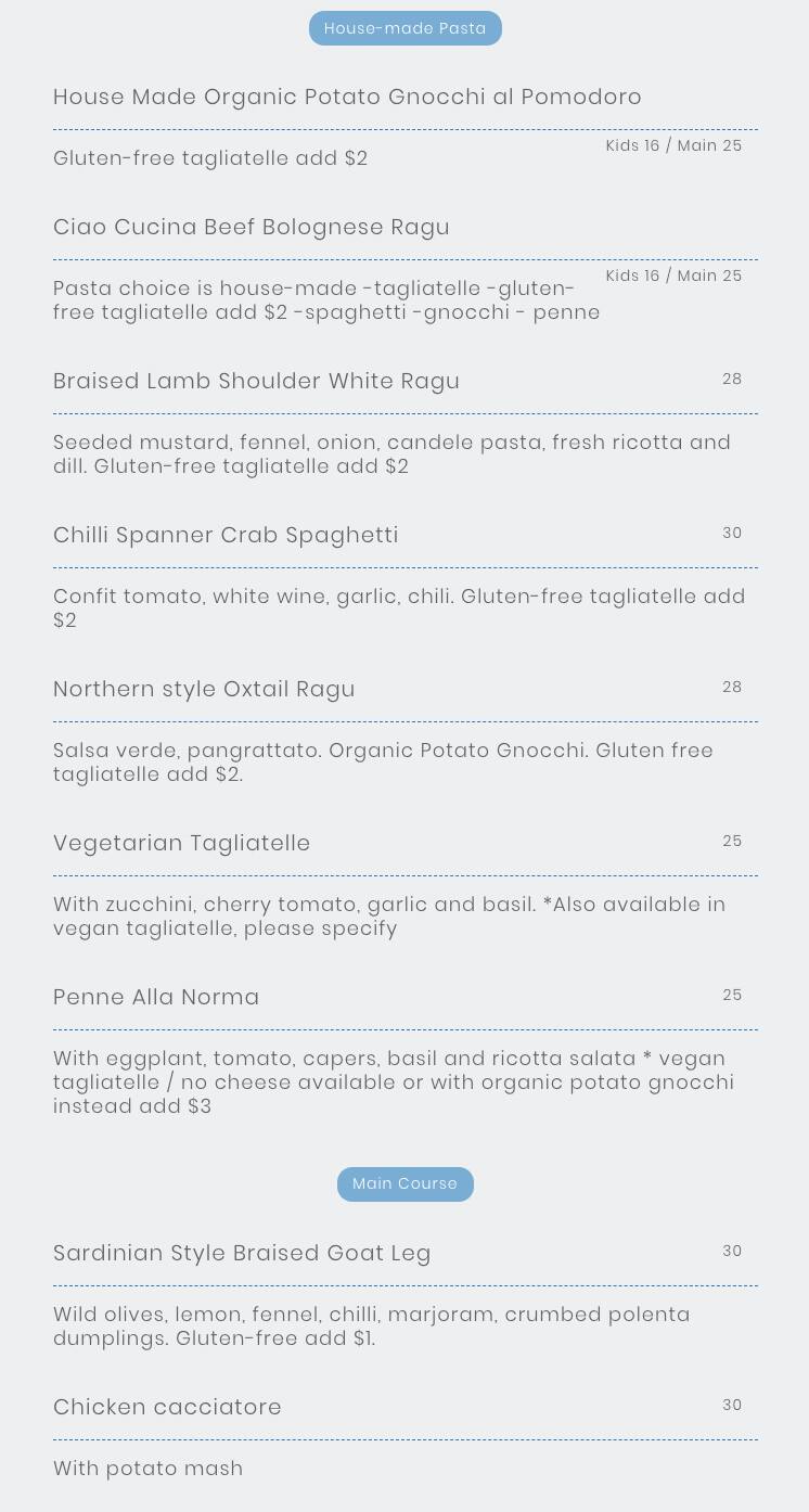 Menu at Ciao Cielo restaurant, Port Melbourne, 115 Bay St