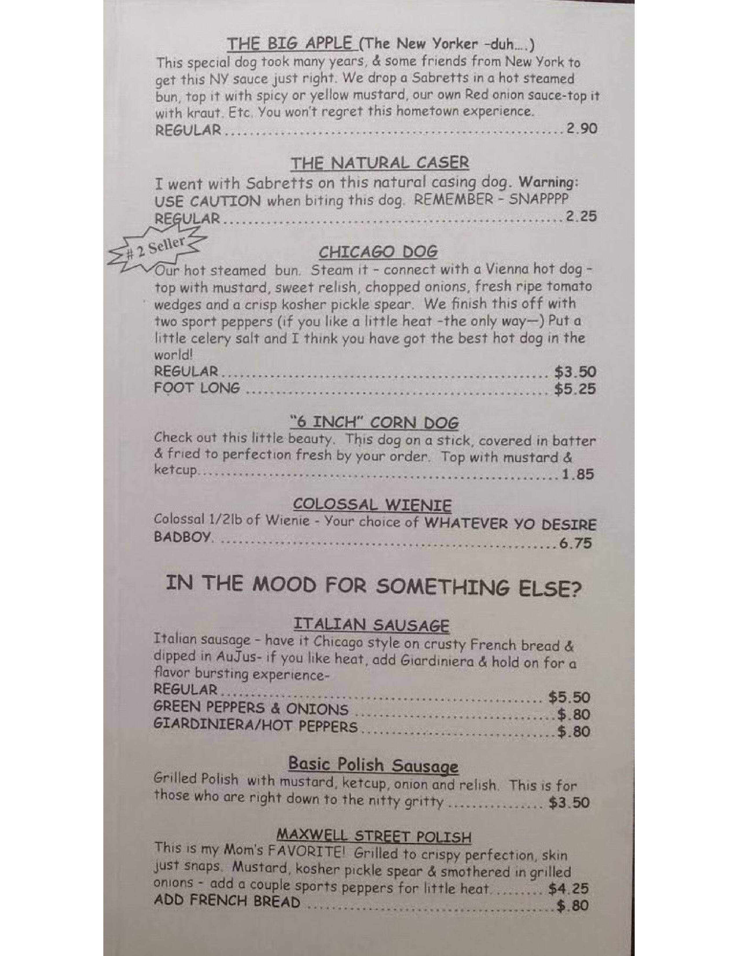 Menu at Pudgees restaurant, Floral City