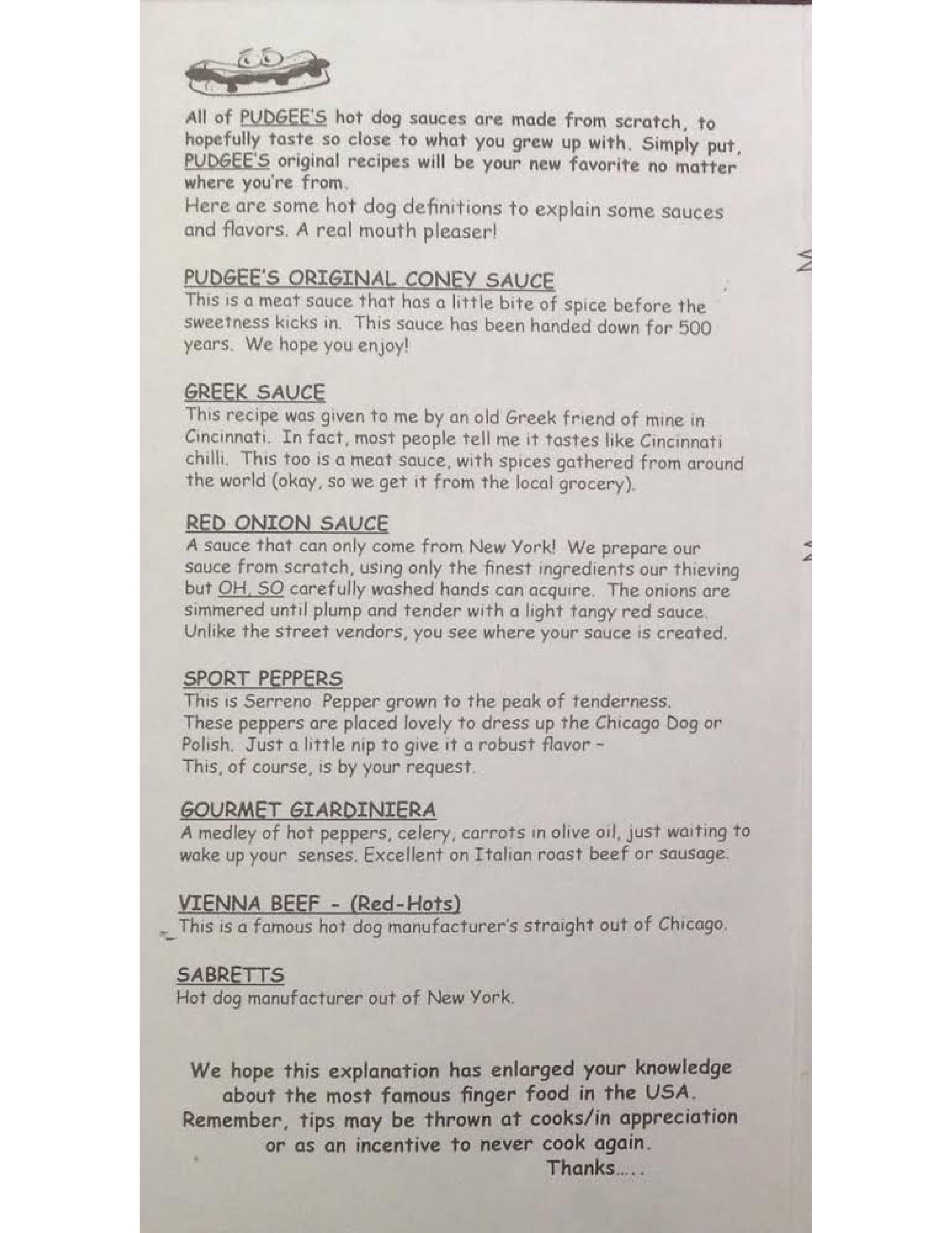 Menu at Pudgees restaurant, Floral City