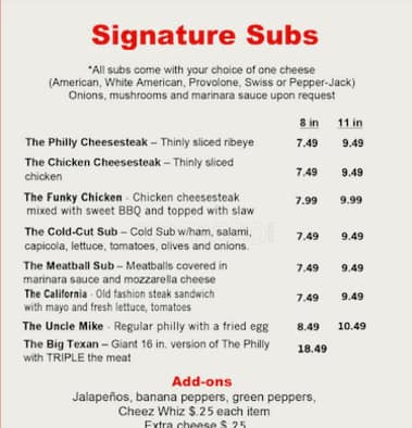 Menu at The Philly Cheesesteak Factory restaurant, Midlothian