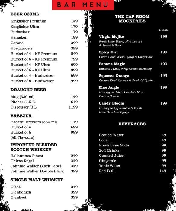 Menu at The Tap Room, Hyderabad