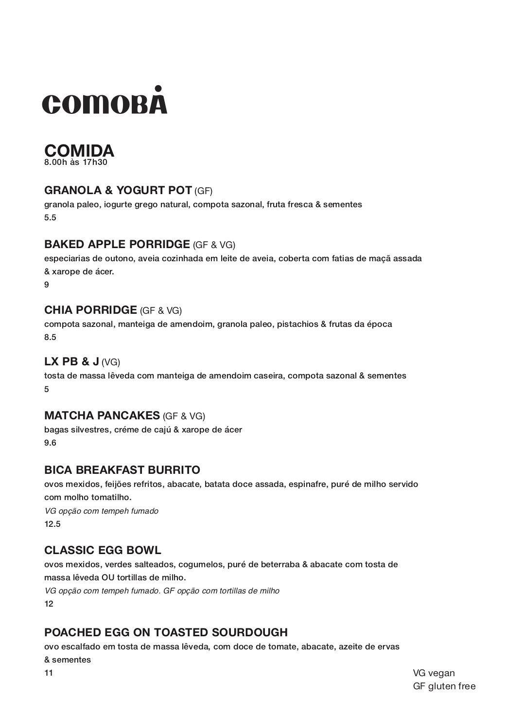 Menu at COMOBÁ cafe, Lisbon